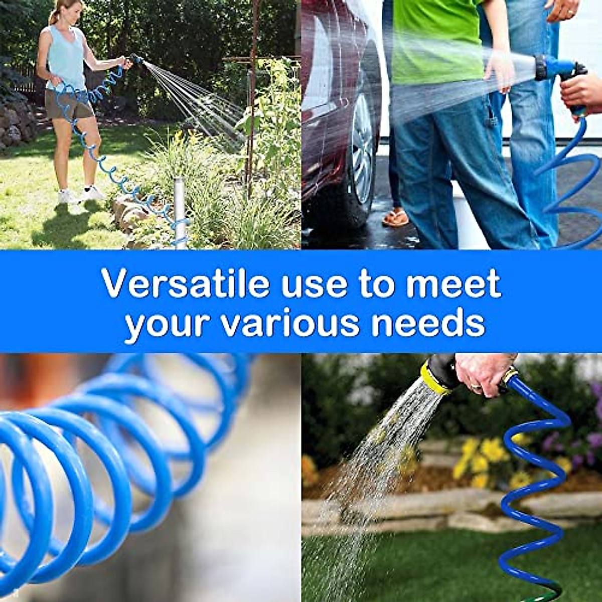 FUNJEE Lightweight EVA Coil 10 FT Garden Hose with GHT Solid Brass Fittings, Water Hose with Brass Connectors (10FT, Blue)