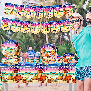 142pcs Sunset Beach Summer Tableware Set Beach Theme Party Decorations Palm Leaves Tropical Beach Banner,Tablecloth,Cups,Plates Napkins,Forks and Knives for Hawaiian Party,Swimming Pool Party,Birthday