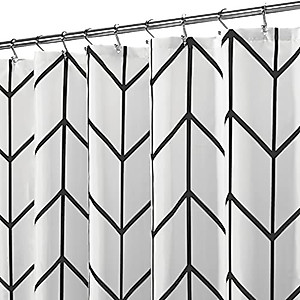 mDesign Fabric Geometric Shower Curtain - Herringbone Chevron Print with Reinforced Buttonholes for Master/Guest Bathroom - Machine Washable & Water Resistant Curtains - 72" x 72" - Black/White