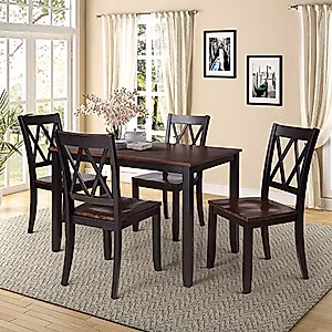 Knocbel 5-Piece Wood Dining Table Set, Elegant Home Kitchen Table with 4 Pcs Comfort High Backrest Chairs (Black with Cherry)
