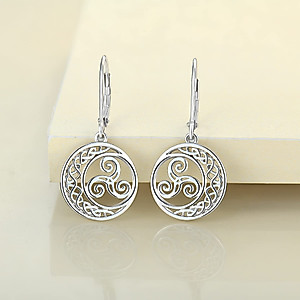 YL Celtic Knot Earrings 925 Sterling Silver Triskele Dangle Drop Earrings 18k White Gold Triskelion Moon Leverback Jewelry for Women