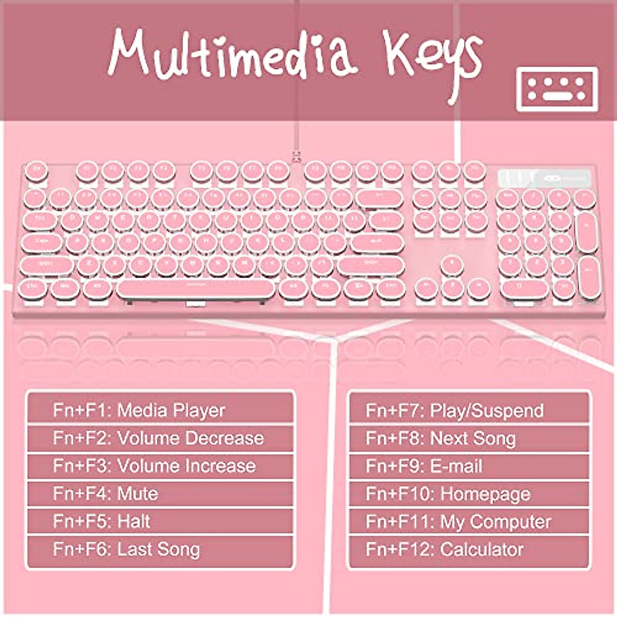 Camiysn Typewriter Style Mechanical Gaming Keyboard, Pink Retro Punk Gaming Keyboard with White Backlit, 104 Keys Blue Switch Wired Cute Keyboard, Round Keycaps for Windows/Mac/PC