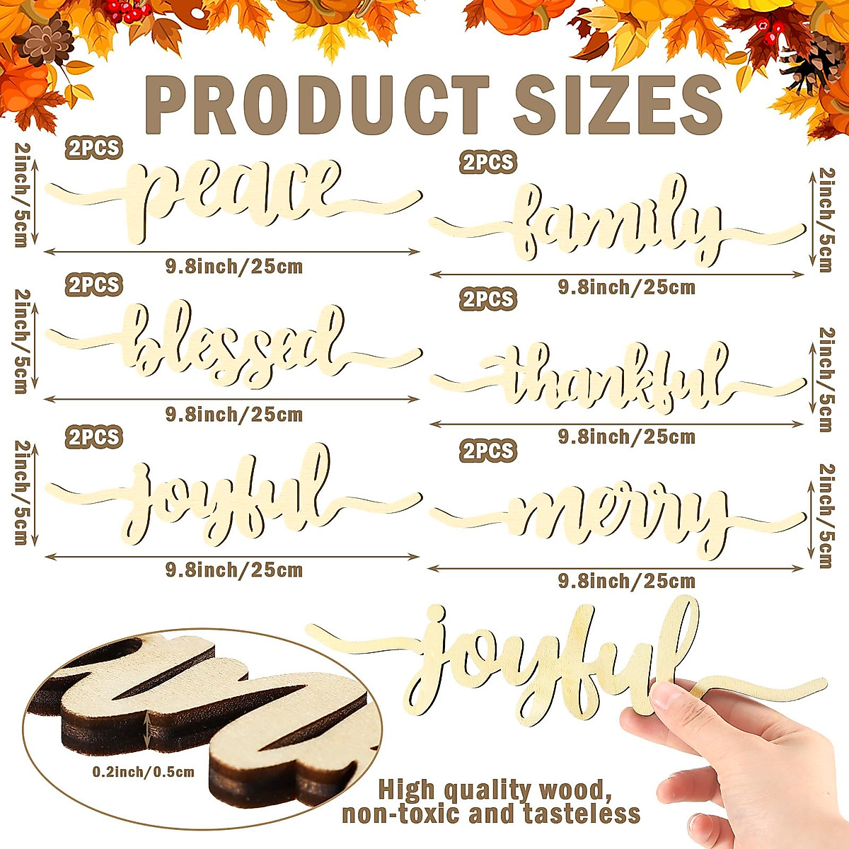 12 Pieces Christmas Thankful Blessed Merry Joyful Peace Family Wood Cutout Rustic Thankful Plate Letter Sign Decor Inspirational Letter Wood Sign for Home Table Plates Table