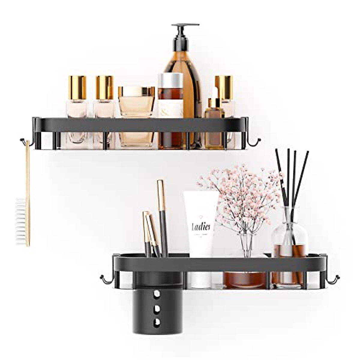 SAYUUM Adhesive Shower Rack, 2-Pack Bathroom Organizer with Storage Cylinder, No Drilling Large Capacity Wall Mounted Shower Caddy with 8 Hooks,Rustproof Organizer Shelf for Shower, Kitchen