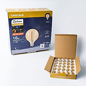 Sphoon Pack of 25 G40 Amber Glass Led Replacement Bulbs, 1W Equivalent 10W E12 Screw Base Soft Warm 2200K Globe Light Bulb for Indoor & Outdoor Led String Light Party Patio Garden Decor, CRI 90+