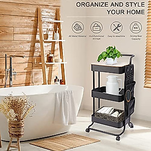 DTK 3 Tier Metal Utility Rolling Cart with Table Top and Side Bags, Metal Tray Storage Organizer Cart with Wheels, Art Craft Cart with 4 Hooks for Kitchen Bathroom Office Living Room (Black)