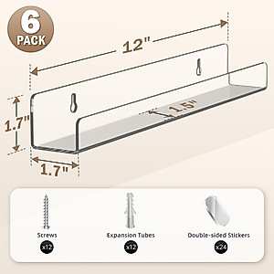 MINDEPOT Vinyl Record Holder Wall Mount, 6 Pack 12 inch Clear Album Music Book Display Shelf for Home Decoration Kids Room Wall Art