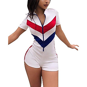 EOSIEDUR Women Summer Sexy Sportswear V Neck Short Sleeve Color Stripe Slim Fit Tracksuit Jumpsuits Rompers, White Small