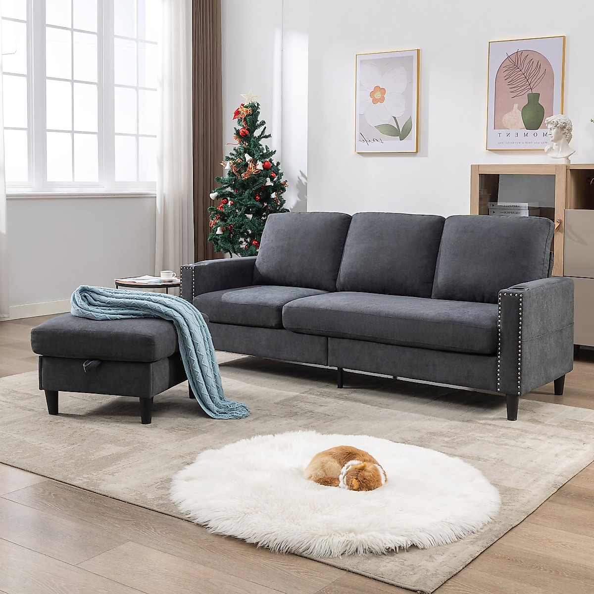 Siiejia Convertible Sectional Couches for Living Room, L-Shaped Couch 3 Seats Sofas with Storage Chaise & 2 Cup Holders, Small Sofa for Apartment, Compact Spaces, Dark Grey