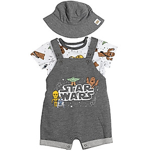 STAR WARS R2-D2 Yoda Chewbacca Newborn Baby Boys Short Overalls Graphic T-Shirt and Hat 3 Piece Outfit Set Grey 3-6 Months