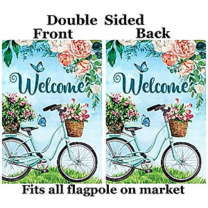 ShineSnow Welcome Spring Summer Bike Blossom Flowers Daisy Butterfly Seasonal Landscape Garden Yard Flag 12"x 18" Double Sided Polyester Welcome House Flag Banners for Patio Lawn Outdoor Home Decor
