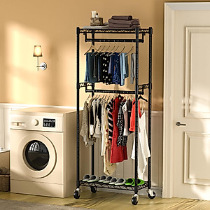 Soywey Heavy Duty Wire Garment Rack, 31.5" L x 15.6" W x 78.6" H Clothing Rack Clothes Rack for Hanging Clothes Metal Free Standing Clothes Rack Wire Metal Clothing Rack Closet（Black）