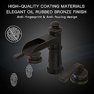BWE Waterfall Widespread Bathroom Faucet 3 Hole Sink Farmhouse with Oil Rubbed Bronze Bath Bathtub Faucets Pop Up Drain Stopper Assembly and Supply Line Lead-Free 8-16 Inch 2 Handle Vanity Lavatory