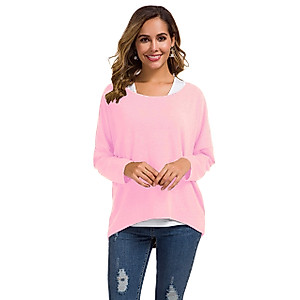UGET Women's Oversized Baggy Tops Off Shoulder Loose Fitting Pullover Casual Blouse T-Shirt Sweater Long Batwing Sleeve X-Large Pink