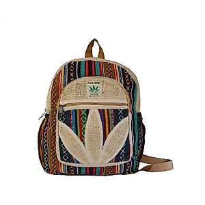 Himalayan Fashion Handmade Hemp Medium Backpack Bohemian Marijuana Style Travel Bag, Black, Beige