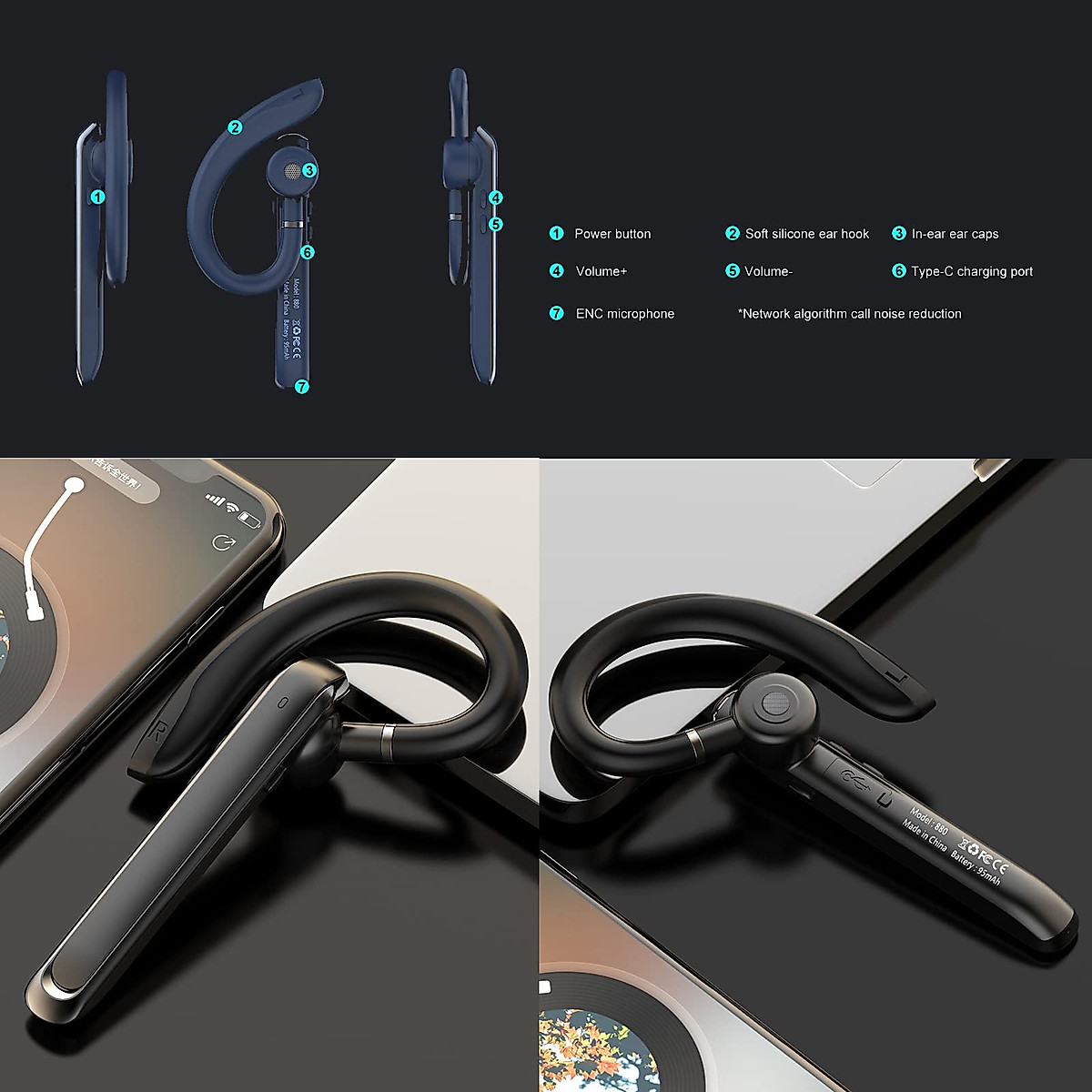 Lymoc ENC Wireless Earpieces,Non in-Ear Design Bluetooth Earphones Noise Cancelling 180 Degree Ear Hooks Headsets Handsfree with Mic Compatible for iPhone Android Business/Office/Driver