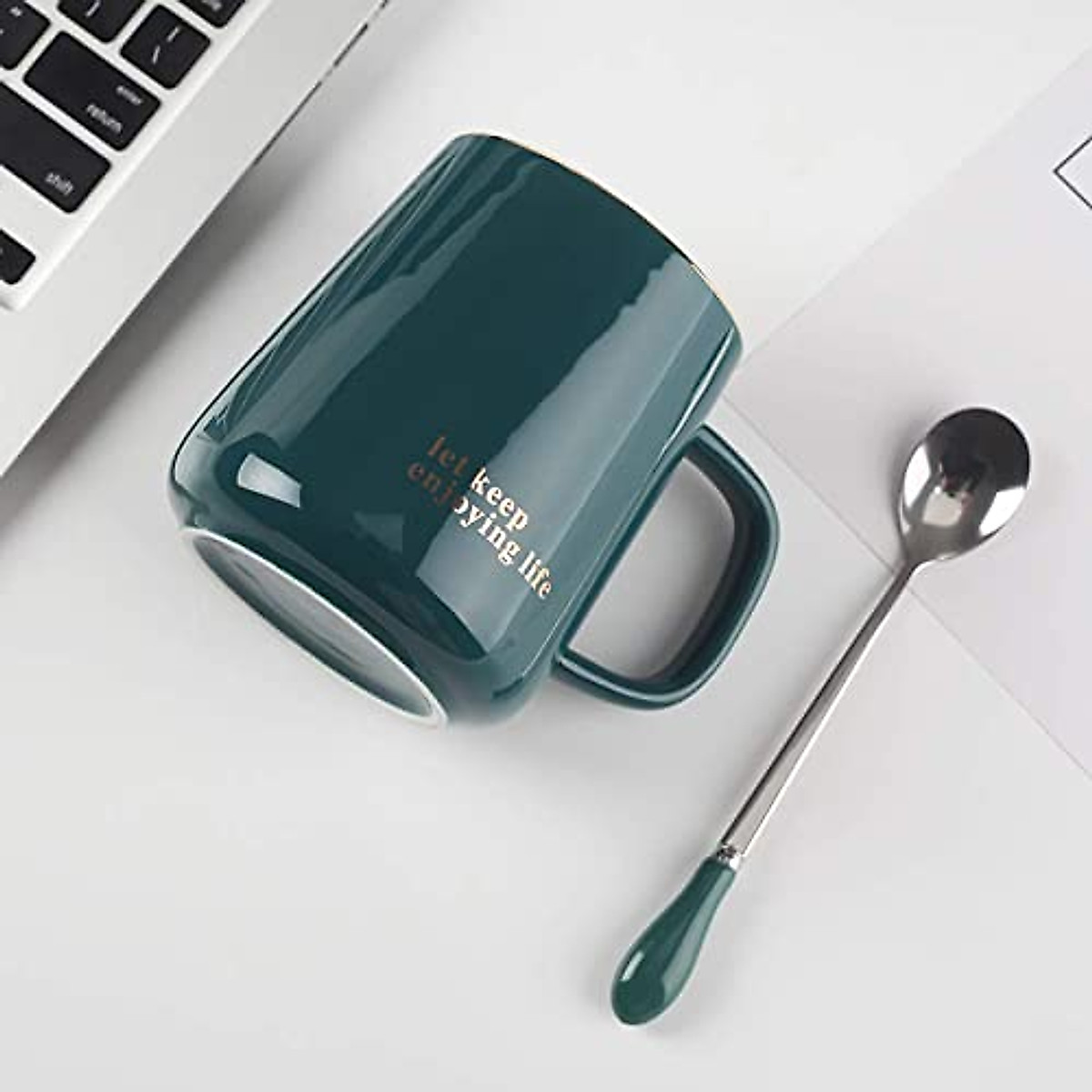 Ceramic Mug Birthday Gifts for Women China Tea Cups with Spoon Coffee Cup Suitable for Making Tea,Cold Drinks,Hot Drinks,Coffee,Etc(Green,14.5oz)