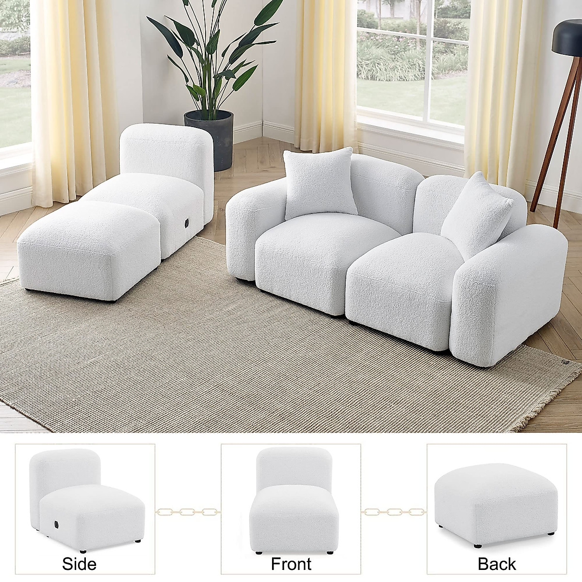 GNIXUU Modular Sectional Sofa, 94.5" Convertible L-Shaped Couch for Living Room, Modern Minimalist Teddy Sherpa Cloud Couches with 2 Comfy Pillows, White