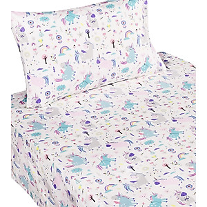 Scientific Sleep Cute Unicorn Flower Rainbow 100% Cotton Cozy Twin Bed Sheet Set, Flat Sheet & Fitted Sheet & Pillowcase Natural Bedding Set (Unicorn, Twin)