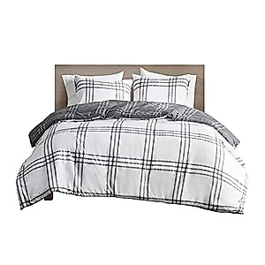 Intelligent Design Pike Reversible Duvet Set, Cottage Plaid Print, Modern Cabin Lifestyle, All Season Bedding Cover for Comforter with Matching Sham, Full/Queen White/Grey 3 Piece