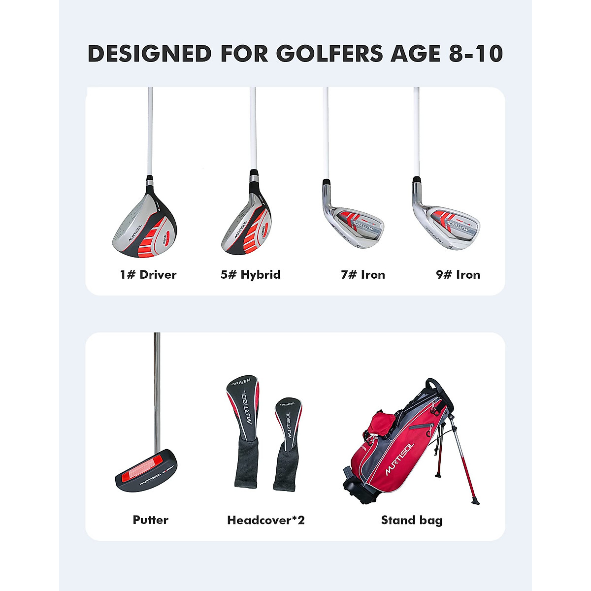 Kids Right Handed Golf Clubs Set 8-10 Years Junior Golf Clubs Full Set 5-Piece Set Putter and Driver Golf Clubs and Sets with Stand Bag - Red