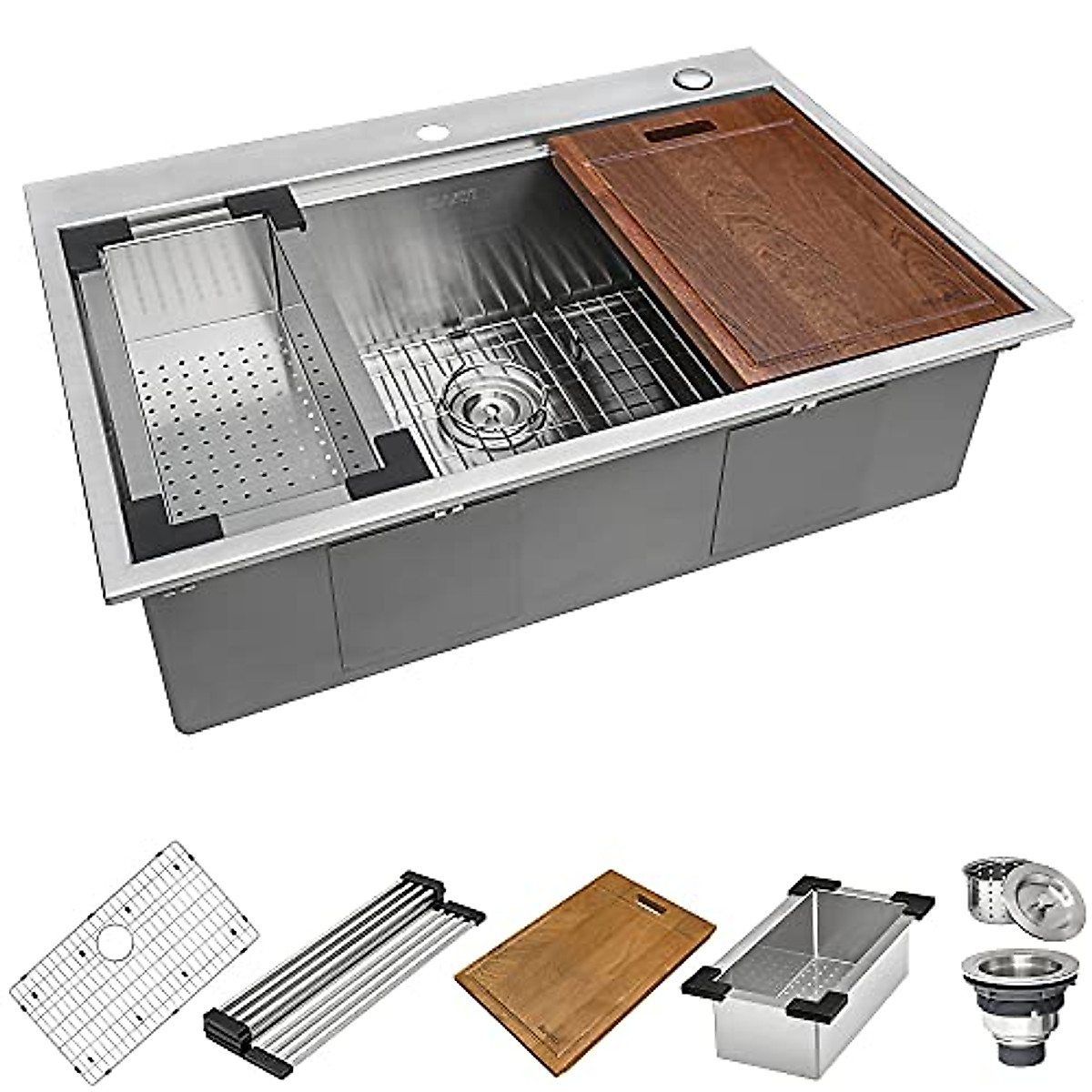 Ruvati 33 x 22 inch Workstation Drop-in Topmount Kitchen Sink 16 Gauge Stainless Steel Single Bowl - RVH8003