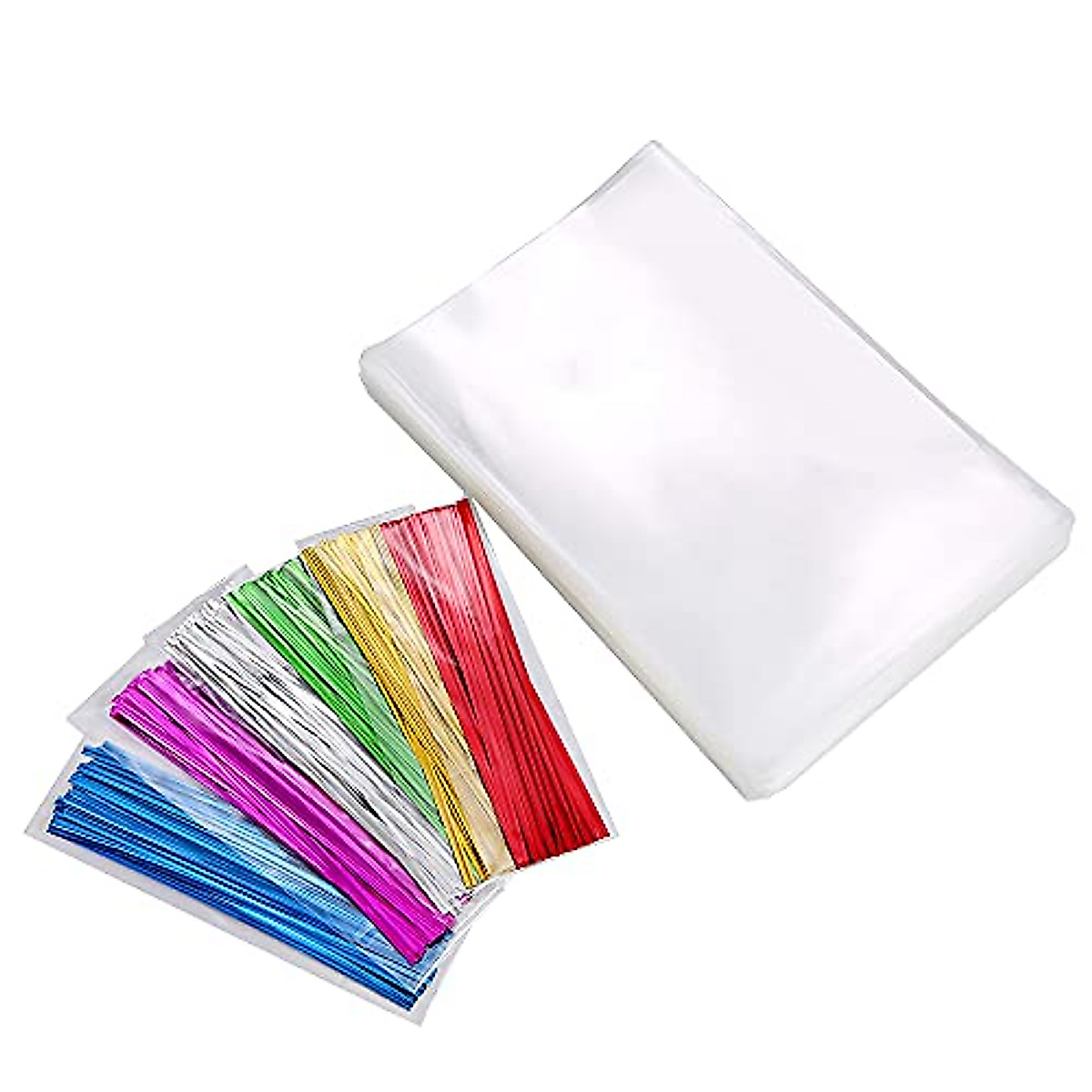 Macoota 200 Pcs 3" x 5" Small Clear Thick Cello Treat Bags Flat Cellophane Bags With 6 Colors Twist Ties Packaging Wrapping Cookies Candies Popcorn Gift Cellophane Bags