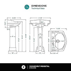 Fine Fixtures, Roosevelt White Pedestal Sink - 22 Inch Vitreous China Ceramic Material (8 Inch Faucet Spread Hole)
