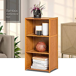 MoNiBloom Bamboo 3 Tier Narrow Bookshelf Freestanding Display Storage Shelves Cabinet Furniture for Bedroom Living Room Kitchen, Brown