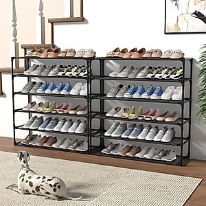 TY ARTS & CULTURE 2 Pack 6-Tiers Shoe Rack Organizer, Sturdy Metal Pipes & Durable Non-Woven Fabric, Space Saving Tall Shoe Rack Hold 48-60airs, Shoe Rack for Entryway (Black)