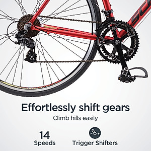 Schwinn Volare 1400 Drop Style Hybrid Sports Road Bike, Men and Women, 14-Speed, 700c Wheels, 21-Inch Aluminum Frame, Alloy Linear Pull Brakes, Red