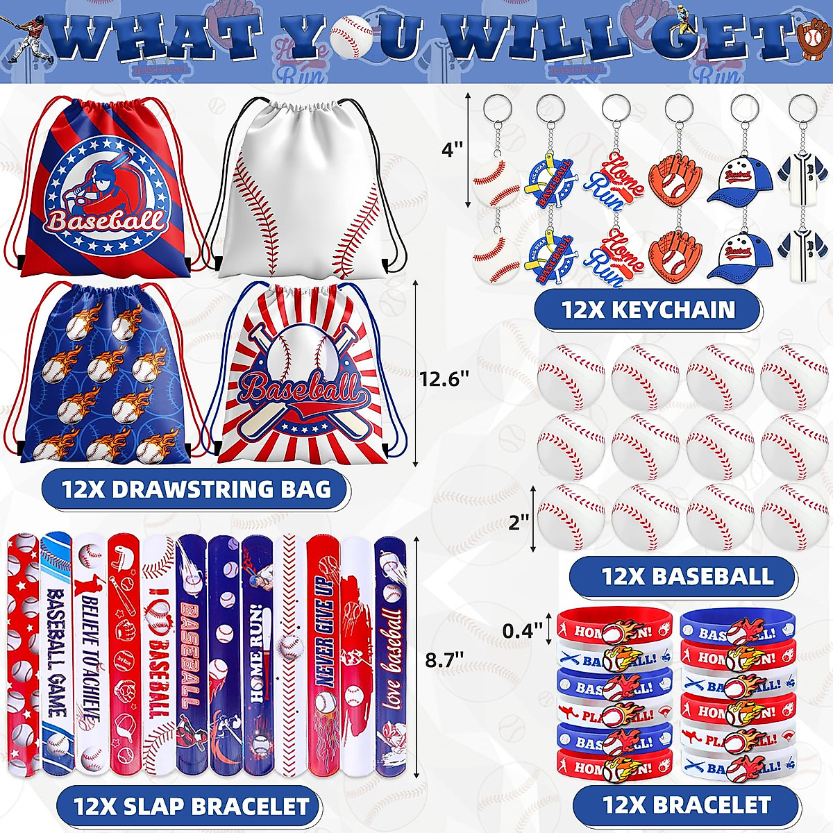 72Pcs Baseball Party Favors, Baseball Birthday Party Favors Includes Baseball Bag Mini Baseball Wristband Keychain Slap bracelet for Kids Baseball Birthday Party Supplies