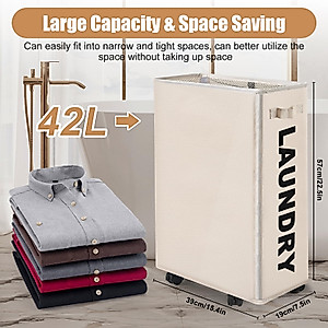 2 Pack Rolling Slim Laundry Basket Laundry Hamper with Wheels and Handle Foldable Waterproof Narrow Corner Clothes Storage Bins Tall Laundry Basket for baby's room/Laundry Room Etc,(42L,Beige+Grey)