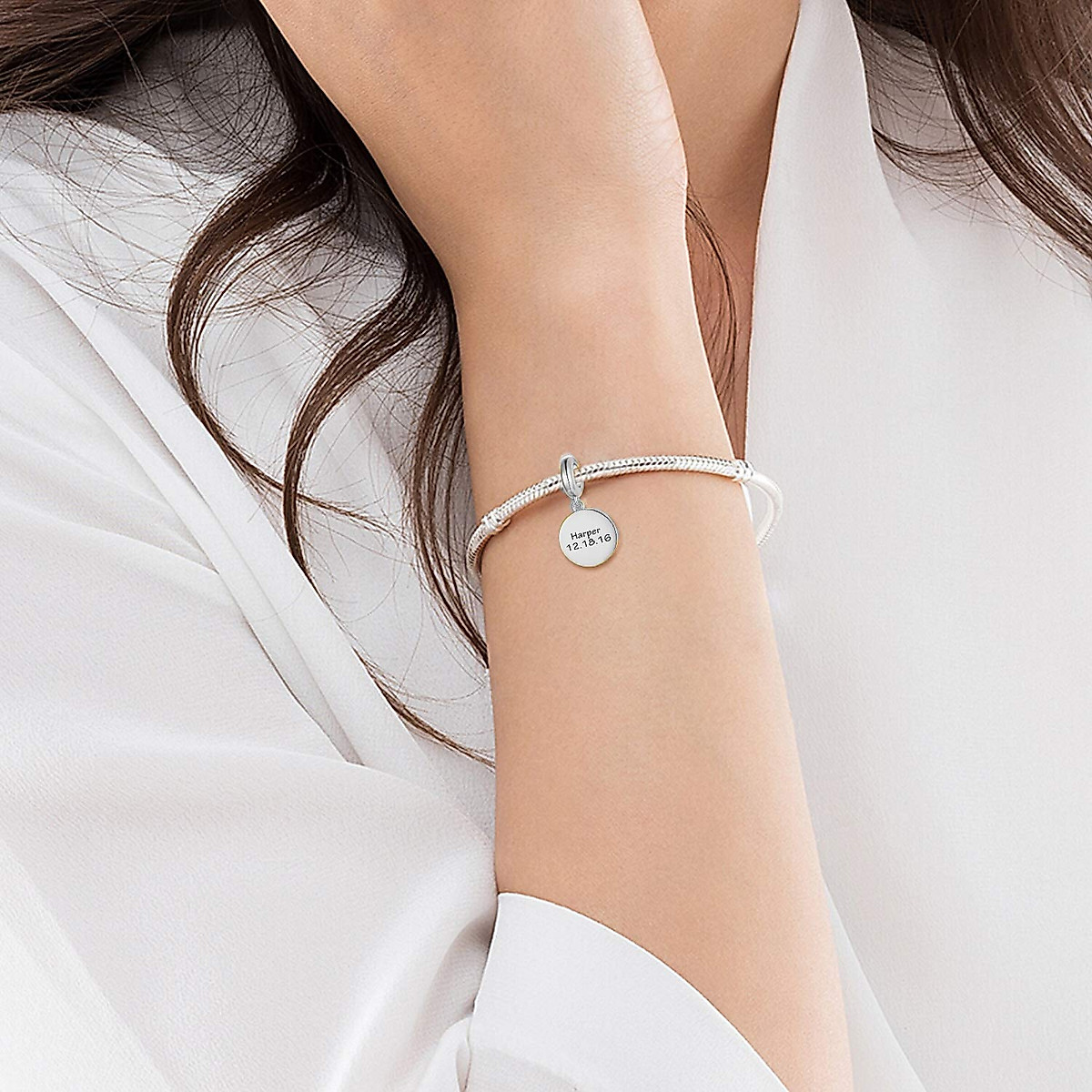 LONAGO Personalized Engraved Name Heart Charm 925 Sterling Silver Fit Snake Bracelet Necklace Customized Handwriting Bead for Women Mom (Style 1 - Silver)