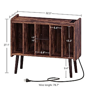 Tantmis LED Record Player Stand, Turntable Stand with Vinyl Record Storage, Mid Century Modern Record Player Table, Rustic Brown Record Player Cabinet with Power Outlet for Living Room, Bedroom