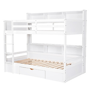 Harper & Bright Designs Bunk Bed Twin Over Twin with Storage,Wood Twin Bunk Beds with Built-in Shelves Beside Both Upper & Down Bed,Multi Storage Bunk Beds with Drawer for Kids Girls Boys,White