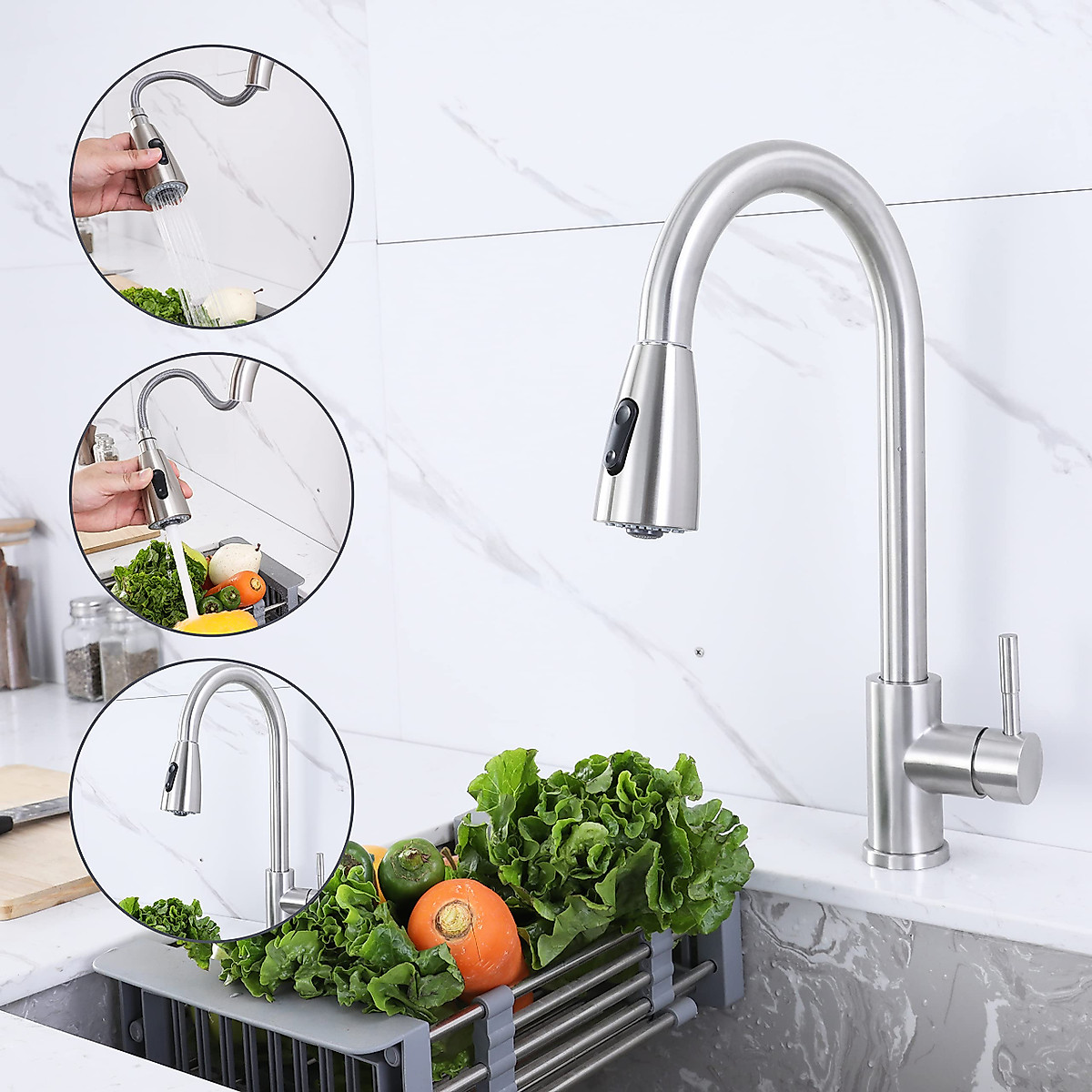 Kitchen Faucet Sprayer Head 3-Function Nozzle Spout G1/2 Connector Pull Down Pull Out Kitchen Tap Hose Sprayer Filter Sink Spray Head Replacement Part Brushed Nickel Black