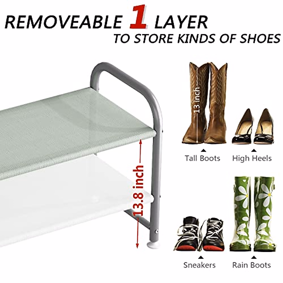 INGIORDAR 2 Tier Long Shoe Rack Wide Shoe Shelf Organizer and Storage for Floor Entryway Closet Shoe Stackable Wide Shelf Holds 12 Pairs of Sneakers Women Heels Boots, Grey