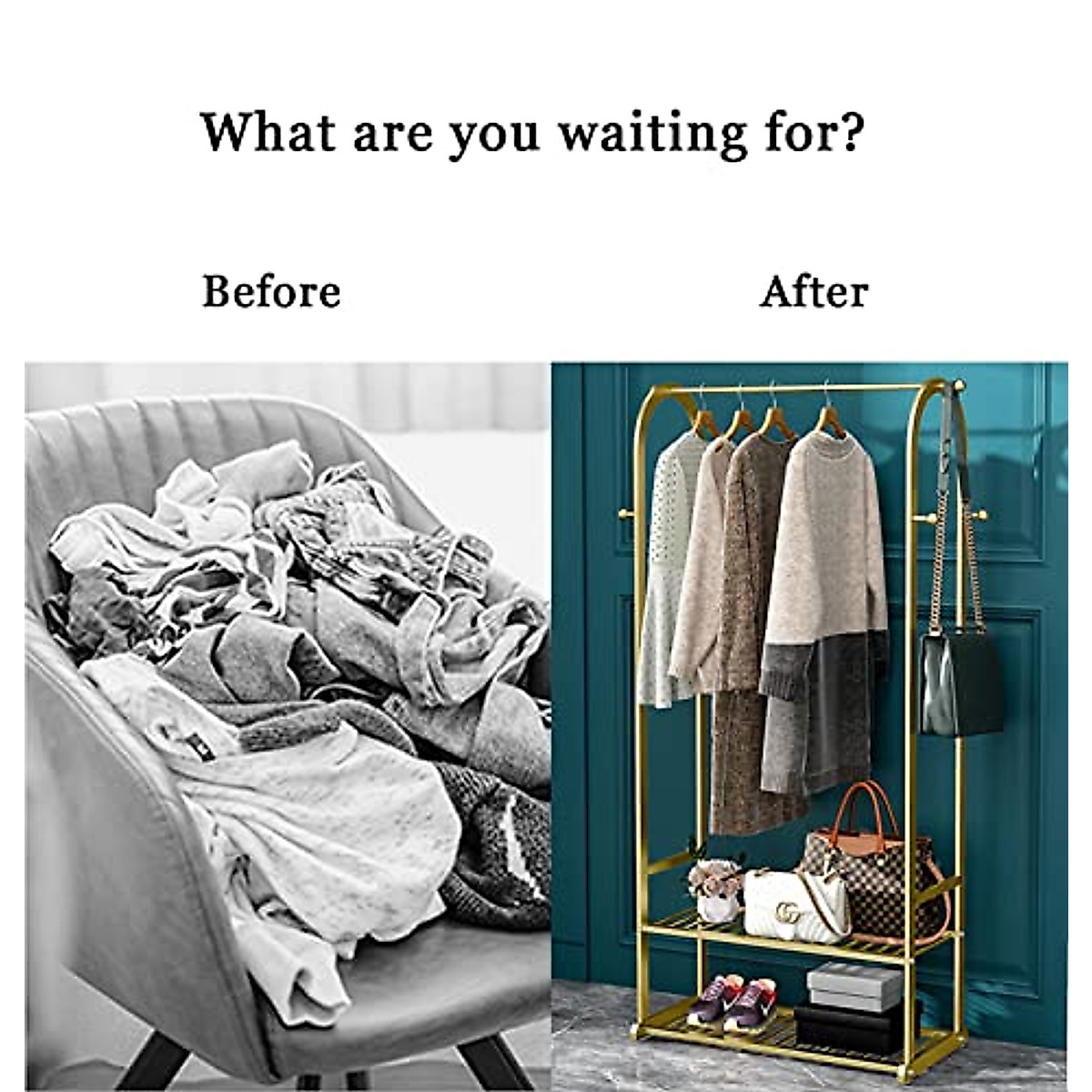 MAIKAILUN 2- layer Clothing Rack Gold,Modern Industrial Clothes Rack for hanging Clothes with Top Rod and Bottom Shelves, Multi-functional Heavy Duty Garment Rack Cloest Organizer and 6 Hooks (59")