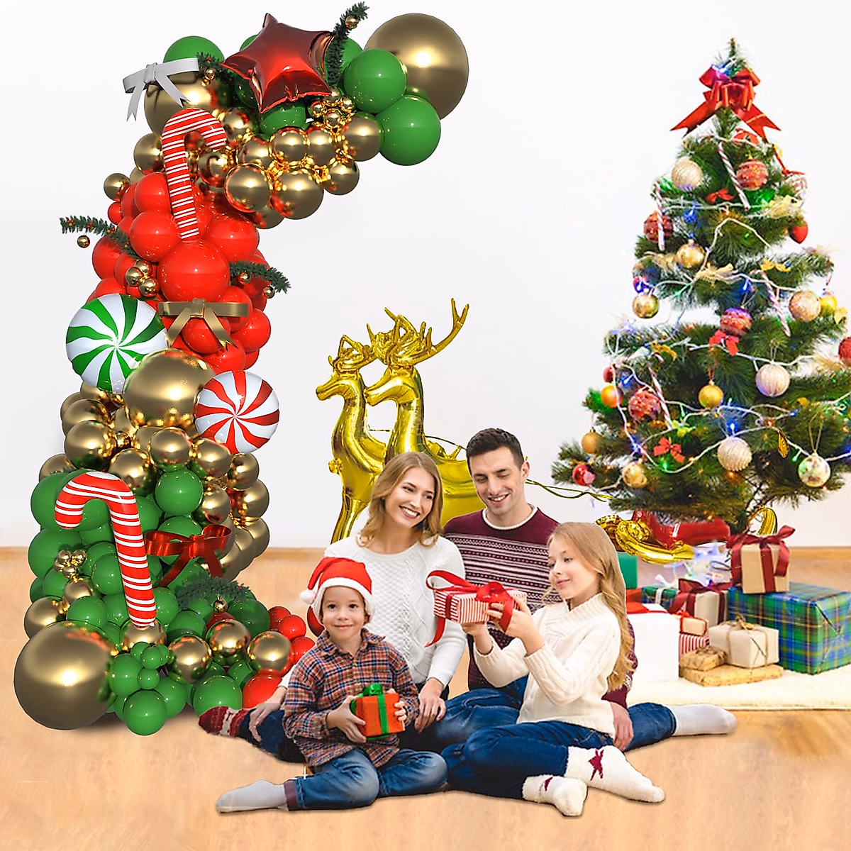 Christmas Balloon Garland Arch Kit, Christmas Reindeer Foil Balloons Kit with Red Green Gold Balloons Candy Foil Balloons Candy Cane Balloons Red Star Balloons for Xmas New Year Party Decorations