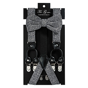 TIE G Men's Glitter Velvet Suspender + Bow Tie Set for Wedding, Party : Glittering Effects, Adjustable Braces, Strong 6 Clips (Twinkle Silver)