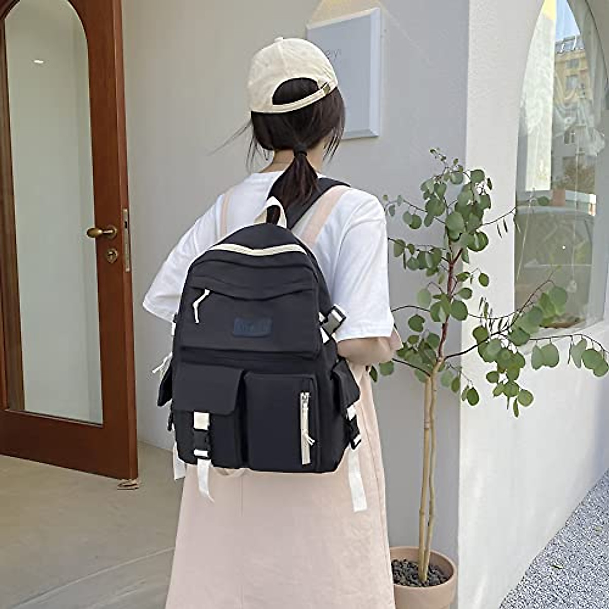 sikiwind Women Fashion Travel Canvas Contrast Color Backpack Large Rucksack (Black)