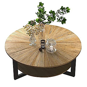 LEEMTORIG Round Coffee Table Living Room, Circle Round Coffee Table with Storage, Farmhouse Solid Wood Coffee Table, Yellowish Brown Wood Tabletop & Black Metal Frame, KFZ-1338