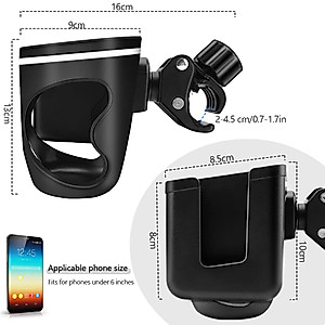 welltop Stroller Cup Holder with Phone Holder, 2 in 1 Bike Cup Holder, Universal Bottle Holder Organizer for Stroller, Bike, Wheelchair, Walker, Scooter (Black)
