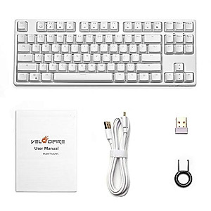VELOCIFIRE Wireless Mechanical Keyboard, TKL02WS TKL 87 Key Ergonomic Linear Red Switches Mechanical Gaming Keyboard with White LED Backlit for Copywriters, Typists, and Programmers(White)