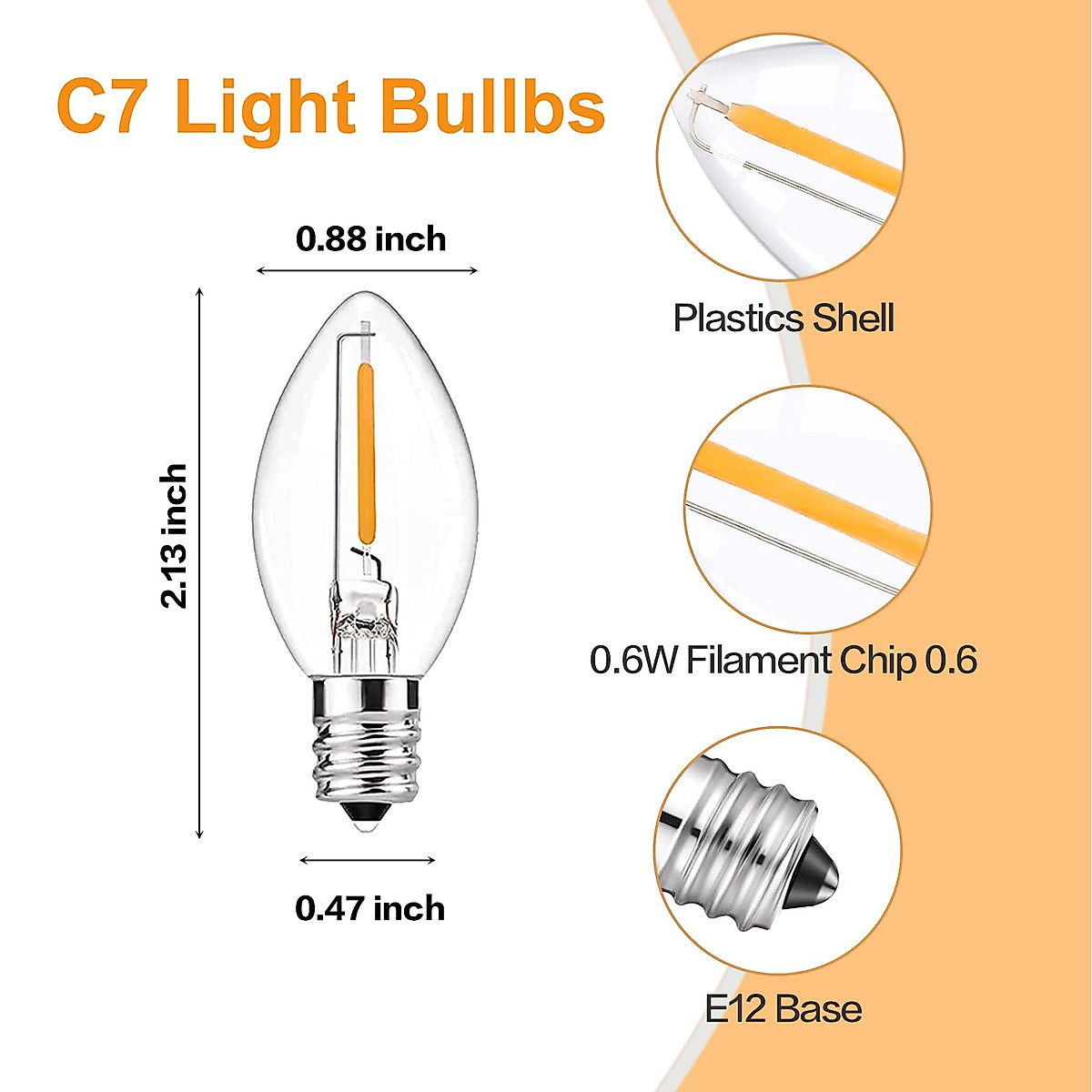 CHYSUPER 25 Pack C7 Replacement Bulbs, LED Night Light Bulb, C7 Christmas Light Bulbs Clear Halloween Replacement Bulbs for Outdoor String Lights, C7 LED Light Bulbs, E12 Candelabra Base, Warm White