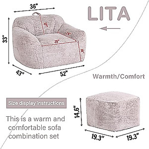 LITA Bean Bag Chair with Ottoman, Fur Faux Armrests Accent Chair High-Density Foam Filled Giant Lazy BeanBag Sofa with Pocket & Foot Stool for Living Room, Bedroom, Coffee