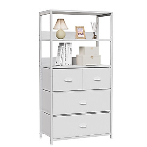 Furnulem White Dresser with 4 Fabric Bins, Tall Storage Tower with 3-Tier Shelf Vertical Standing Chest Organizer for Closet,Laundry,Bedroom,Living Room,Entryway (White)