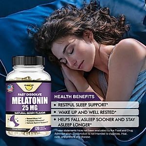 Happi Mi Nutrition Melatonin 25mg, Extra Strength with L-Theanine & Vitamin B-6, Fast Dissolve Tablets, Sleep Support, Relaxation, Restful Sleep, Drug Free, Natural Berry Flavor, 120 Chewable Tablets