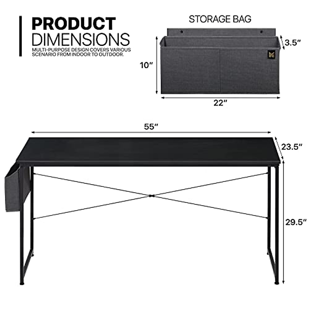 MoNiBloom Computer Desk 55", Simple Style Home Gaming Desk with Storage Bag, Office Writing Workstation- Black